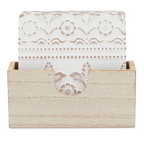 Set of 6 White Wooden Coasters with Holder for Drinks, Coffee Table, and Floral Farmhouse Decor (3.8 Inches)
