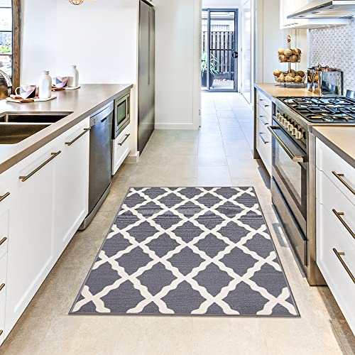 Machine Washable Moroccan Trellis Design Non-Slip Rubberback 3x5 Traditional Indoor Area Rug for Living Room, Bedroom, Kitchen, 3'3" x 5', Gray