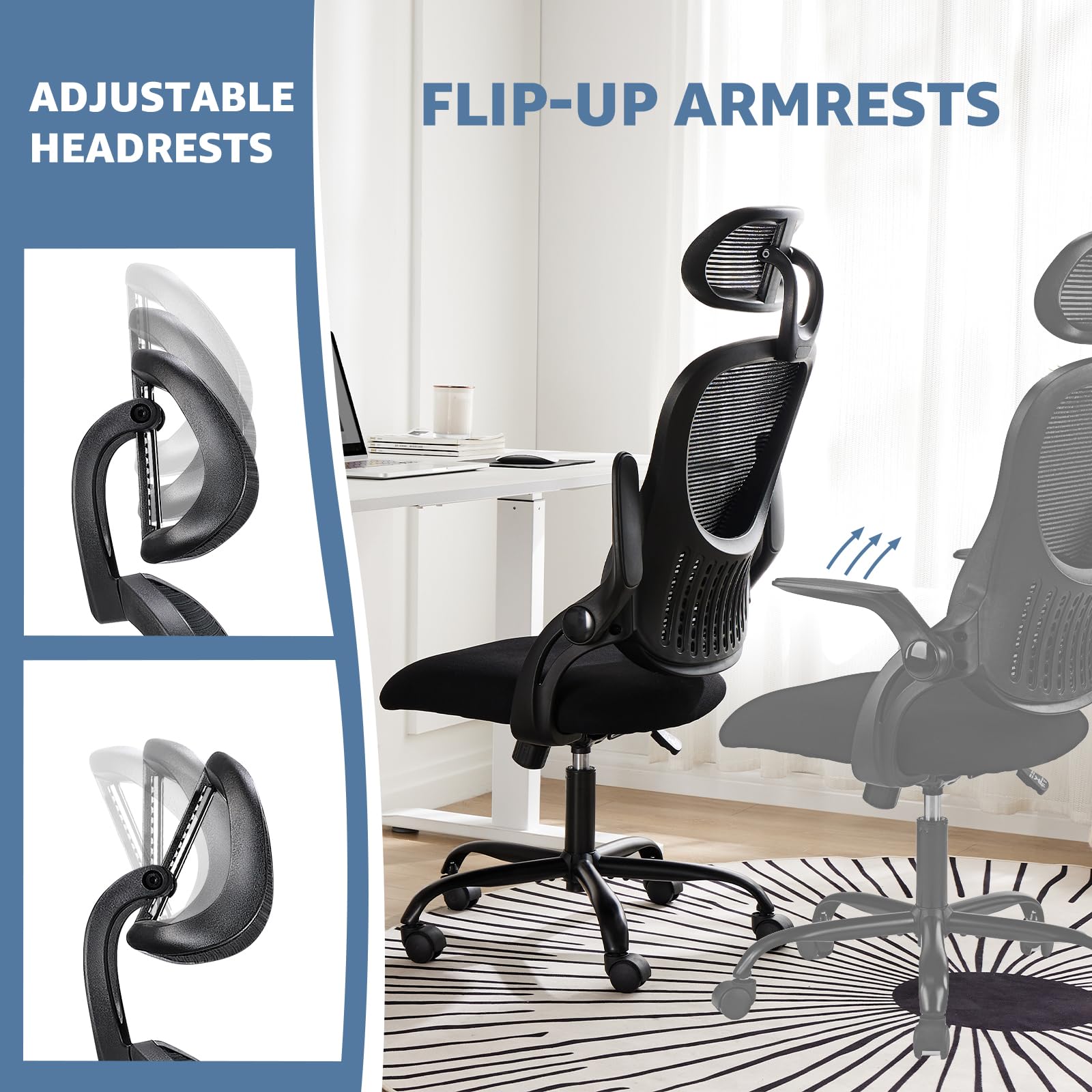 OLIXIS Ergonomic Office High-Back Mesh Computer Desk Wheels, Adjustable Headrest and Flip-Up Arms, Swivel Comfy Padded Rolling Task Chairs for Home Study Bedroom Gamer, Black, 26.69 x 25.39 x 52.95