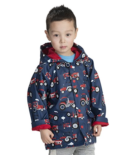 Hatley Boys' Little Button-Up Printed Rain Jacket, Red Farm Tractors, 4 Years