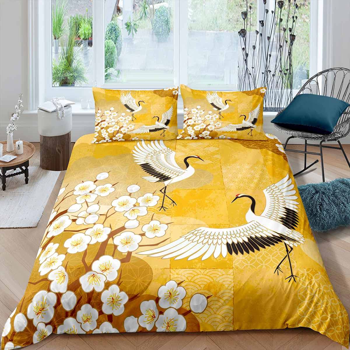 Feelyou Japanese Ukiyoe Them Bedding Set for Girls Boys Children Floral Print Comforter Cover Hokusai Pattern Duvet Cover Japanese-Style Bedspread Cover Yellow King Size 3Pcs Bedclothes