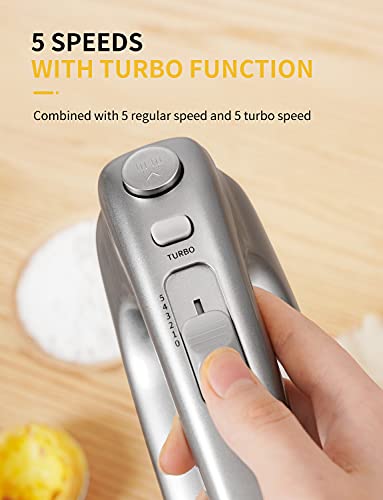 SHARDOR Hand Mixer, 350W Handheld Mixer with Storage Case 5-Speed Plus Turbo Hand Mixer Electric With 5 Stainless Steel Attachments(2 Beaters, 2 Dough Hooks and 1 Whisk), Silver