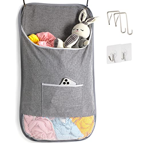 KOOZTI Hanging Laundry Hamper Bag, Over the Door Laundry Bag with U-Shaped Bottom Zipper Opening, Breathable Honeycomb Mesh window, Space Saving Laundry Bag with 2 Types of Hooks