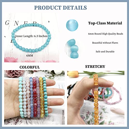 JEWPARK 12 PCS Gemstone 6mm Round Beads Bracelet Set Healing Crystal Stone Stretch Bracelets for Men Women Round Beaded Elastic Bracelets