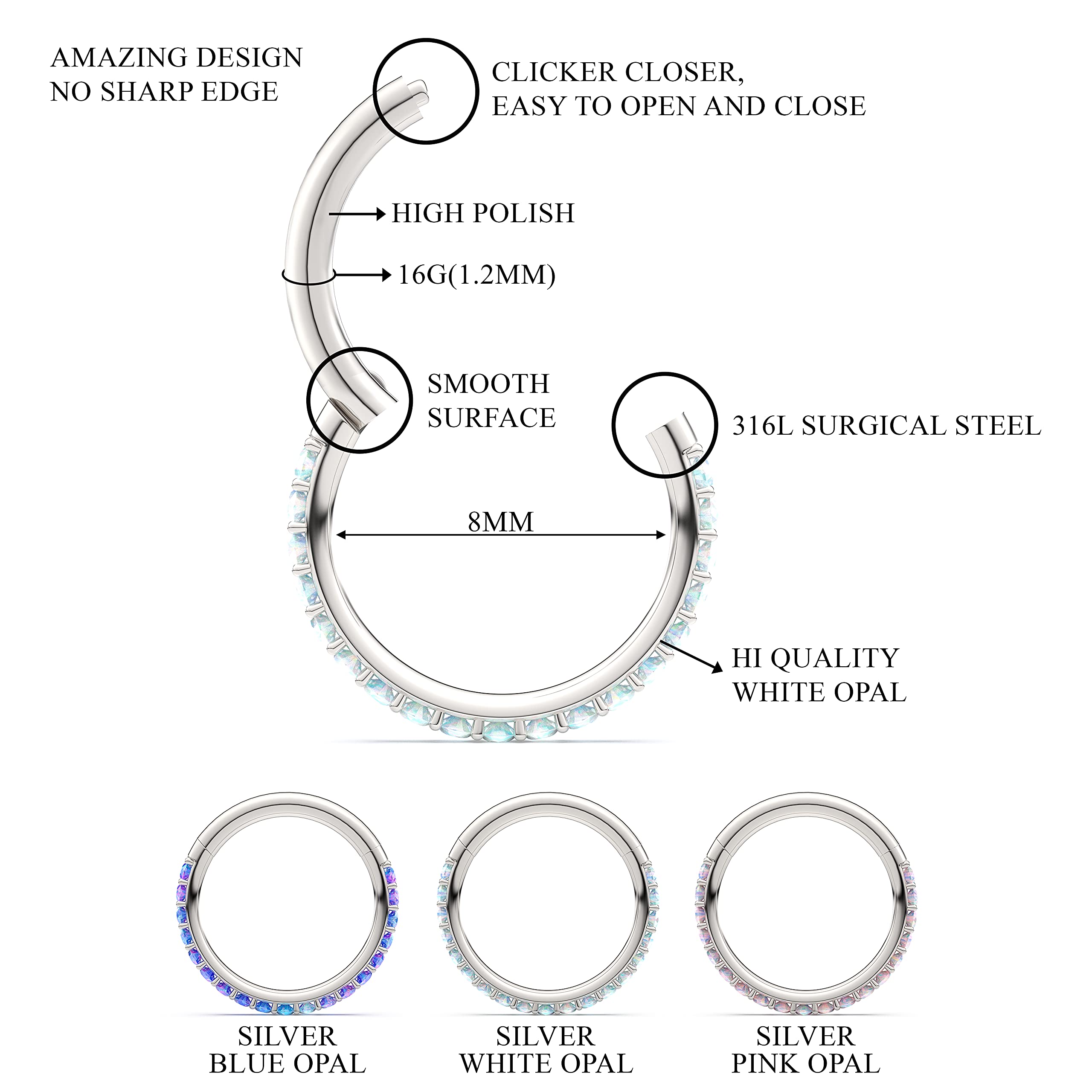 AVNIS Helix Ring Hoop ?€“ Premium Stainless Steel Hinged Nose Ring Hoop ?€“ 16G Opal Stone Septum Ring ?€“ Tragus Earrings for Women ?€“ Versatile Nose Piercing Jewelry