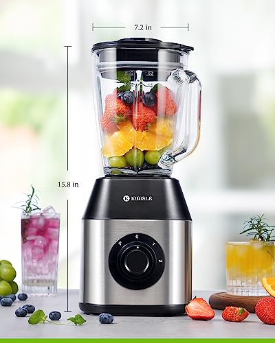 KIDISLE Professional Blenders for Kitchen, 1200W Powerful Smoothie Blender, 52oz Glass Jar for Shakes and Smoothies, Ice Crush, Frozen Fruit, Stainless Steel & Sliver