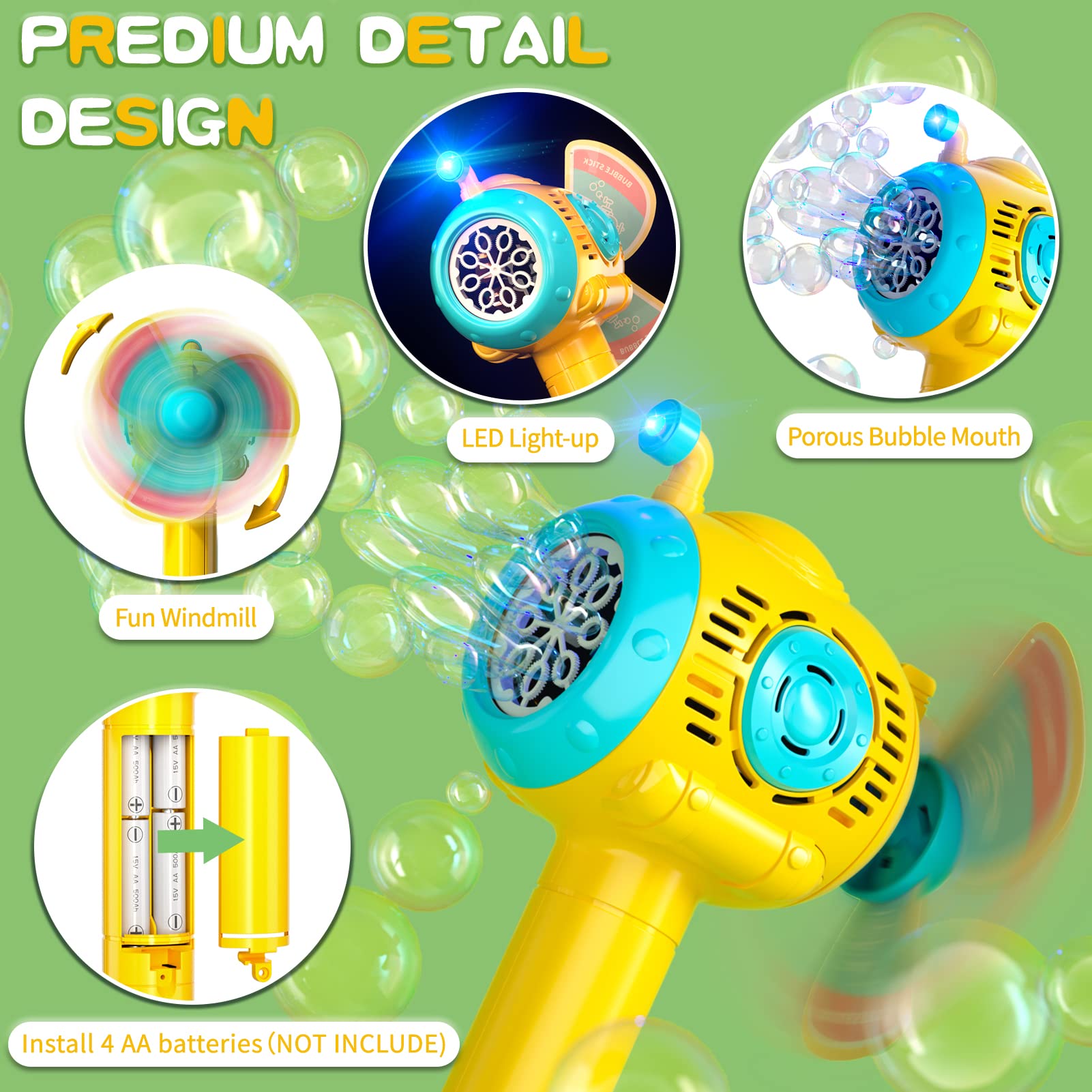 Bubble Wand Gun Machine for Kids Toddlers 1-3，5000+ Bubbles 360°No Leak，Windmill-Submarine Automatic Bubble Maker Blower with Led Light 1 Bubble Solution for Party Wedding Outdoor Indoor Activity