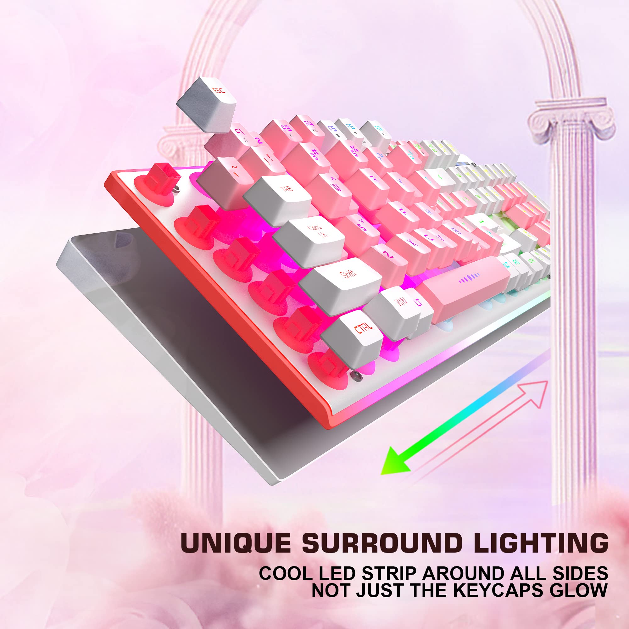 MageGee Wireless Gaming Keyboard, Rechargeable RGB LED Backlit Quiet Keyboard with Sidelight & Metal Panel, V510 2.4G Wireless Ergonomic Waterproof Office Keyboard, White and Pink