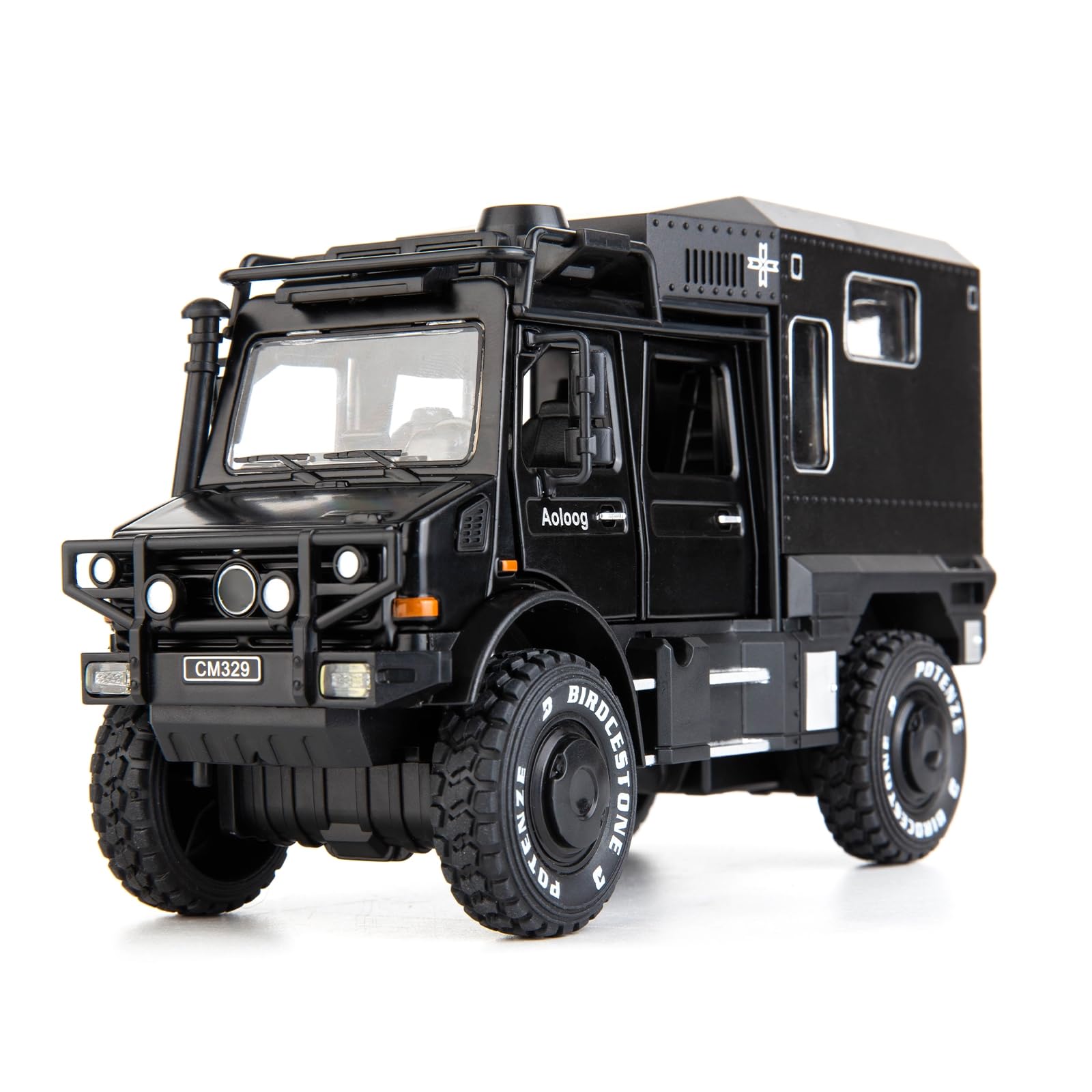 BDTCTK 1:28 Unimog Camper Model Car, Diecast Pull Back RV Toy Car with Light and Sound for Kids Boy Girl and Adult, Doors Open, Gift Black