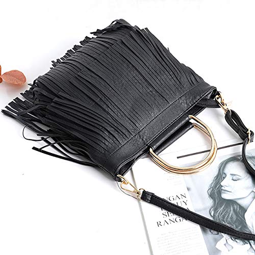 Ayliss Women Fringe Tassel Crossbody Bag Leather Shoulder Bag Hobo Handbag (Black)