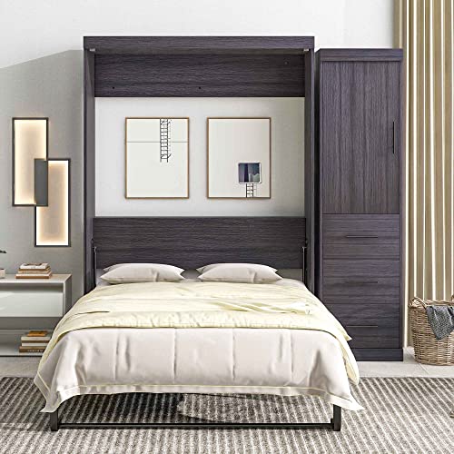 ATY Full Size Murphy Bed with Wardrobe and Drawers, Wood Storage Bedframe Can be Folded into a Cabinet, Bedroom Furniture, Save Space Design, No Box Spring Required, Gray