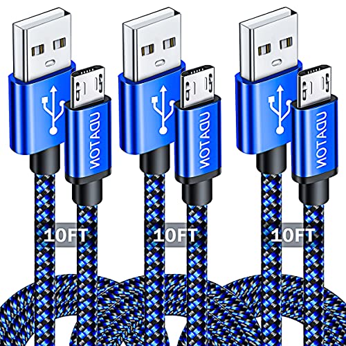 Micro USB Cable 10ft, Android Charger, USB C Cable, 3Pack Extra Long Kindle Fire Charger, udaton High Speed Nylon Braided Micro Fast Charging Cord for Samsung Galaxy S7 Kindle Fire 7 PS4 Xbox LG, Blue