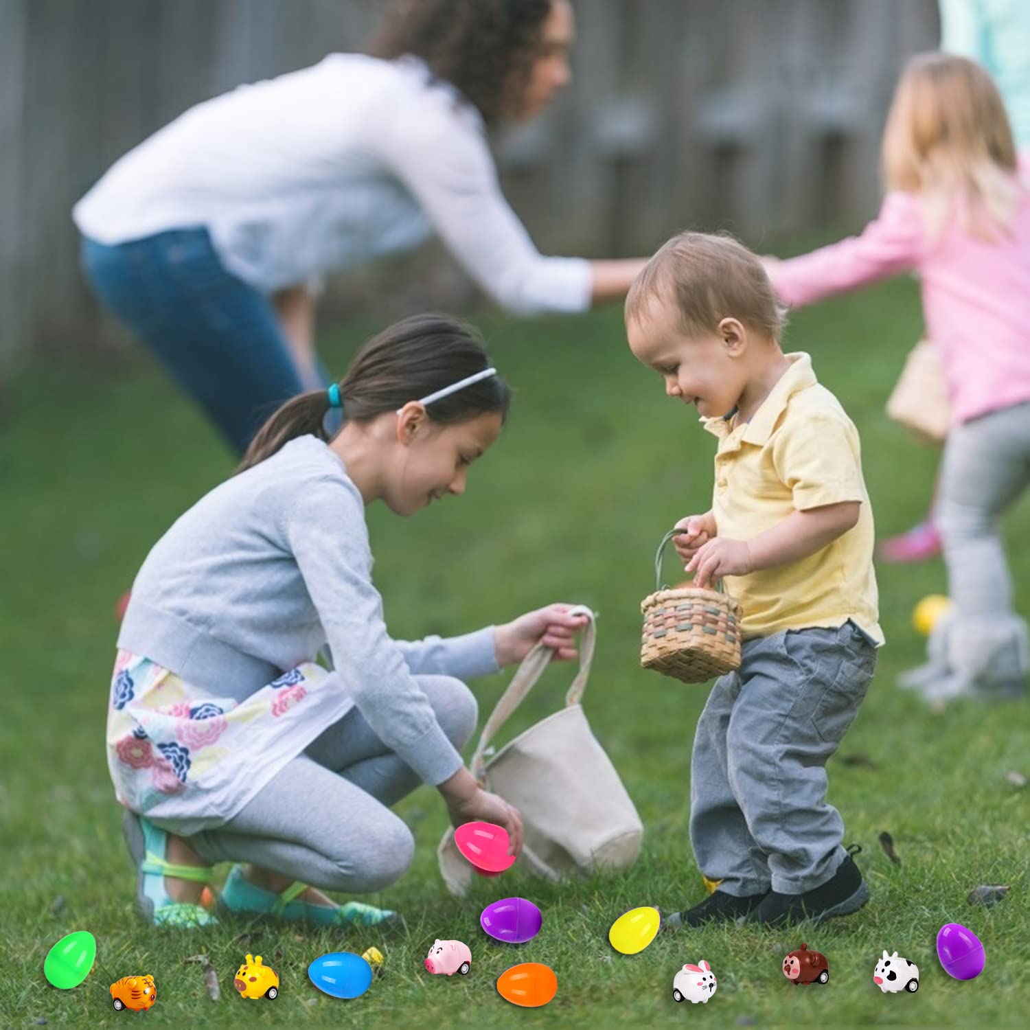 JIALWEN 12 Pack Easter Eggs Filled with Animal Pull Back Toy Cars, Easter Basket Stuffers Surprise Easter Gifts Hunt Theme Party Favors Classroom Prize Supplies