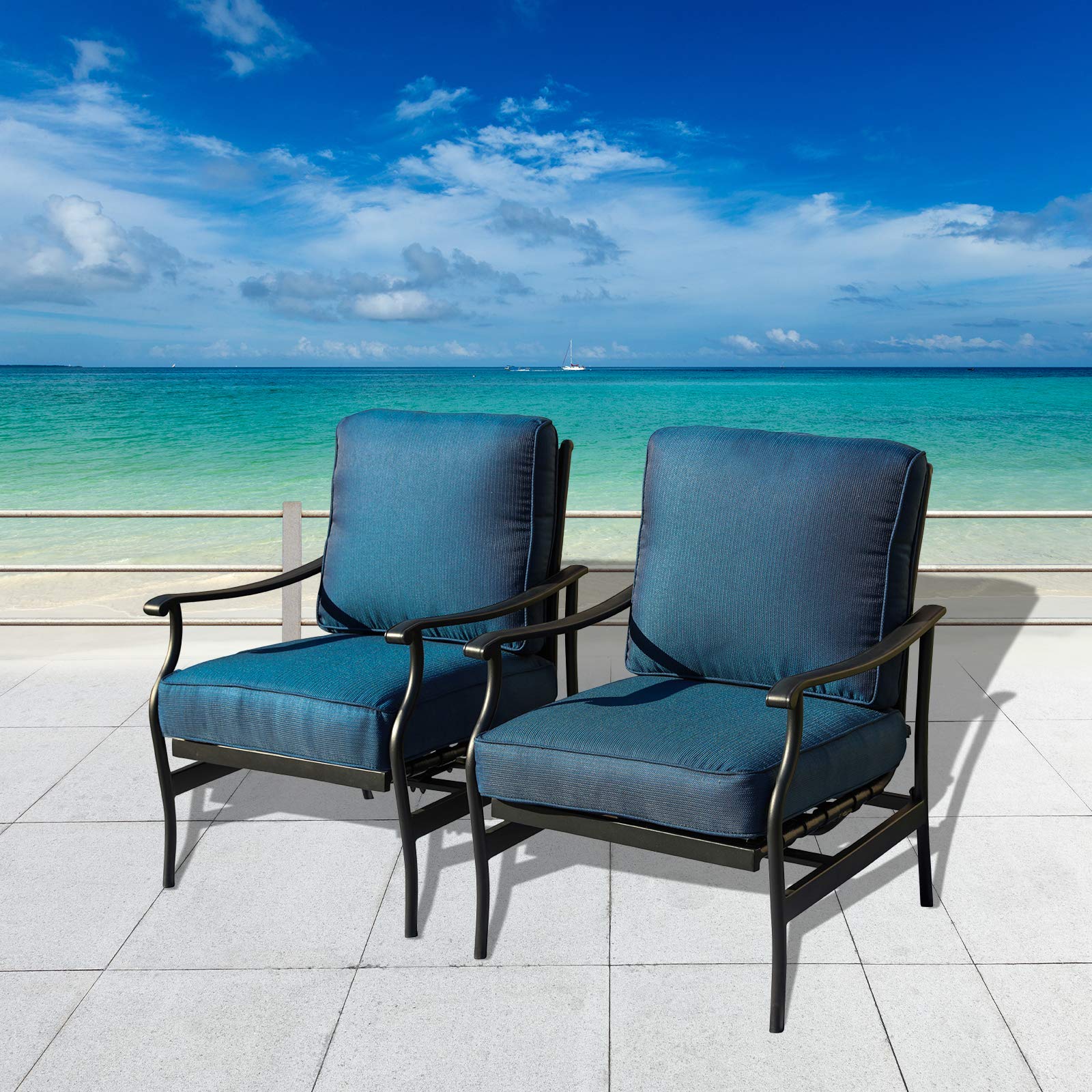 Festival Depot Patio Set of 2 Dining Chairs with Thick Cushions Metal Frame Outdoor Furniture for Bistro Deck Garden (Blue)