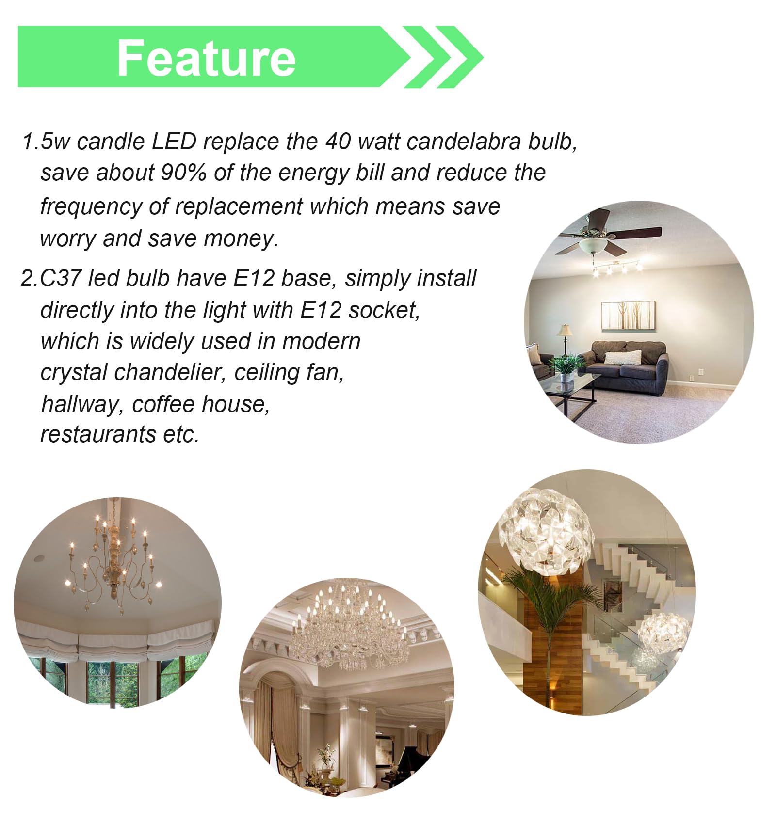 E12 Candelabra LED Light Bulbs - Equivalent 40W Candle Bulbs, 5W LED Chandelier Light Bulbs, B11 & C37 E12 LED Bulb Daylight (5000K), 450 Lumens, Pack of 12