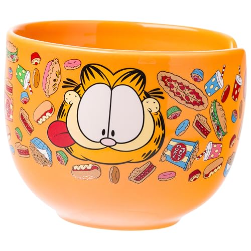 Silver Buffalo Garfield Hungry Junk Food Ceramic Ramen Noodle Rice Bowl with Chopsticks and Spoon, Microwave Safe, 20 Ounces