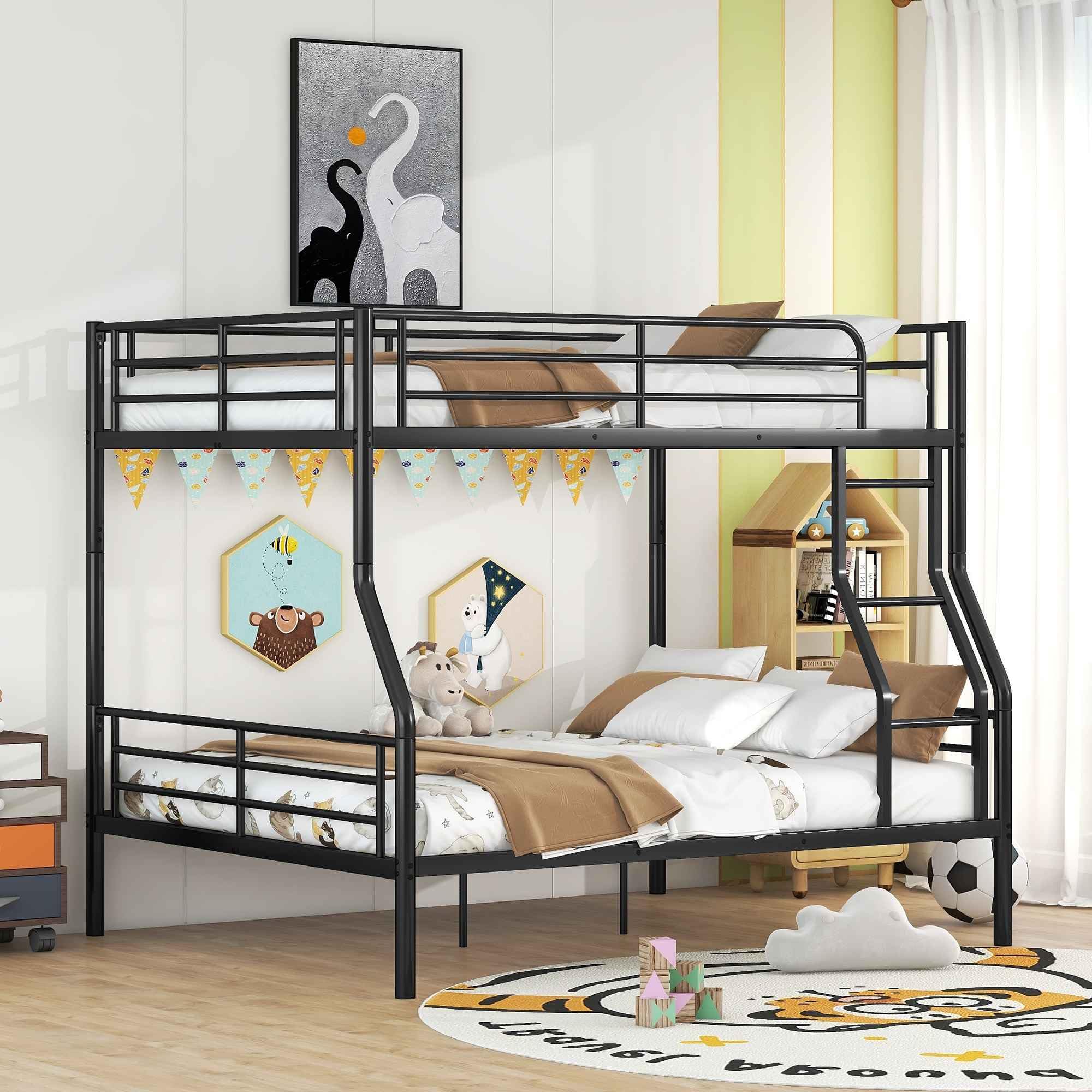 ATY Metal Bunk Bed Full XL Over Queen Size, Convertible Sturdy Bedframe w/Ladder and Guardrail, Can Seperated into 2Beds,No Box Spring Needed, for Kids, Teens, Adults, Black