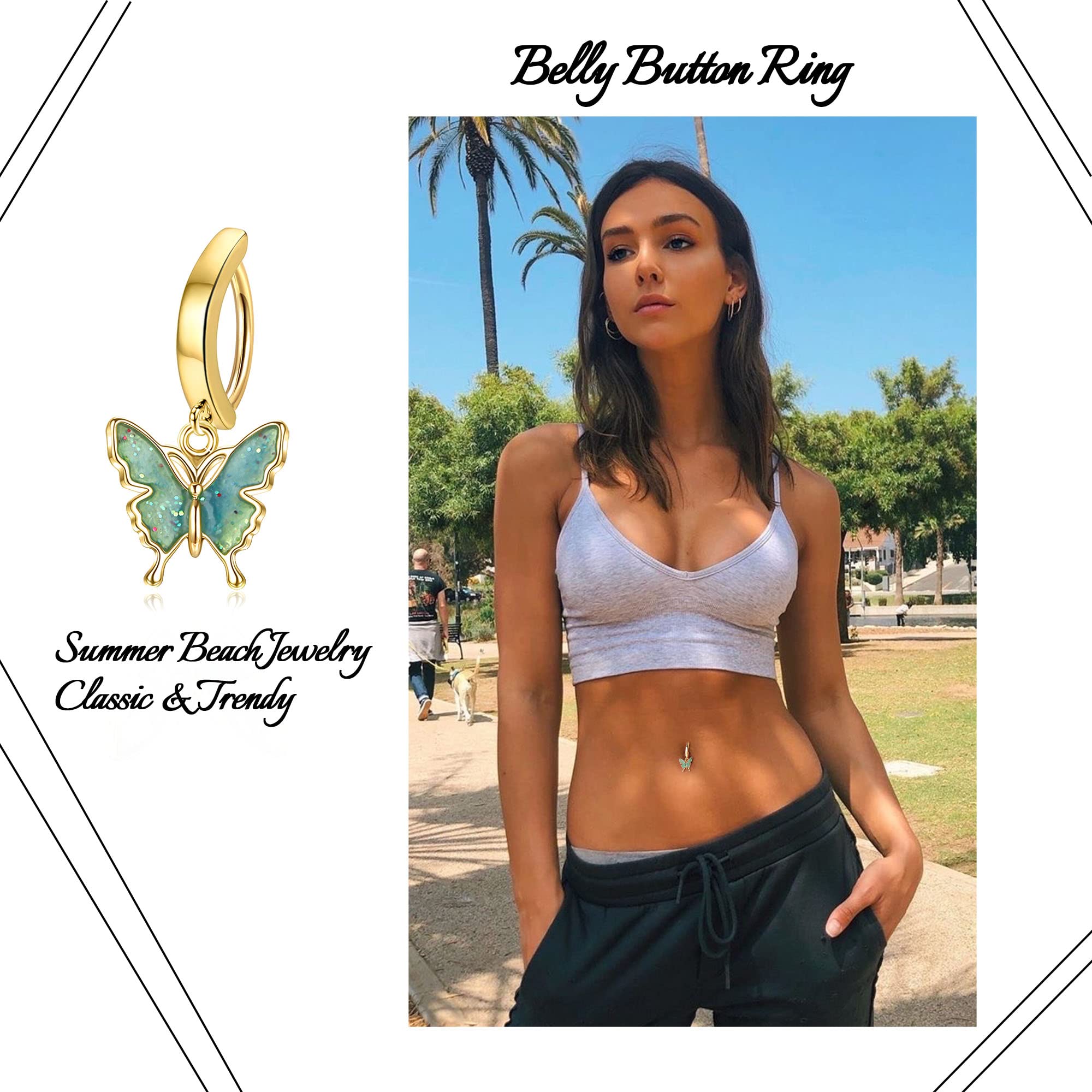Besteel 14G Belly Button Rings Dangle Cute Gold Plated Snake Evil Eye Heart Clear CZ Butterfly Belly Button Rings for Women Belly Piercing Pack, Gold-tone