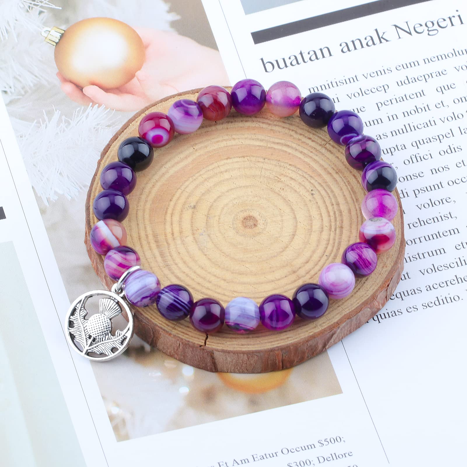 ARHTF Sassenach Gift Scottish Thistle Bracelet,Celtic Thistle Charm Thistle Blessing Amethyst Beads Thistle Flower Jewelry,Scottish Thistle Jewelry for Women (Purple Thistle)