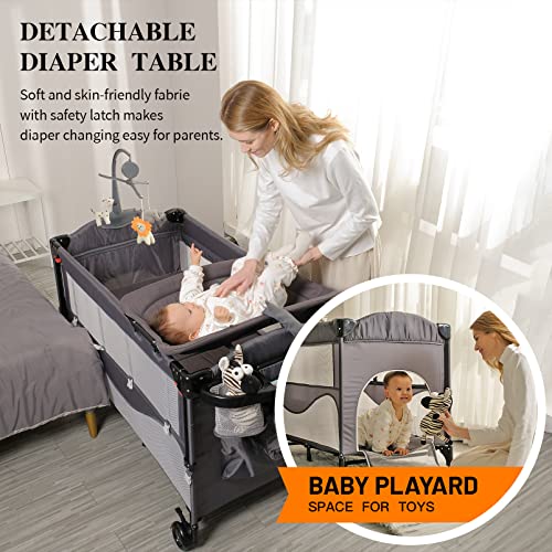 zebrater 5 in1 Baby Bassinet Bedside Crib,Pack and Play Bedside Sleeper with Waterproof Sheet & Mattress,Large Pack n Play with Diaper Changer,Folding Portable Playard from Newborn to Toddler