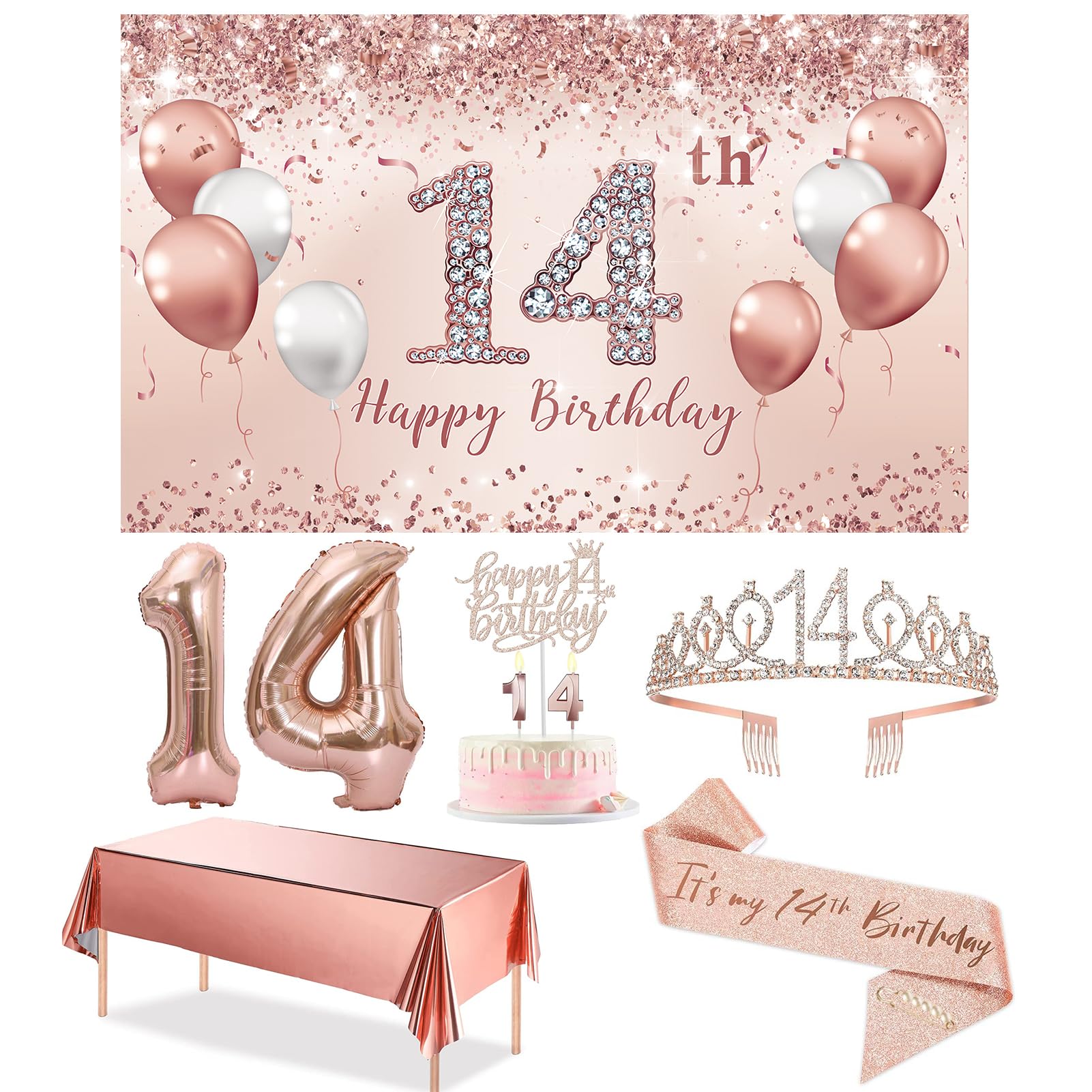Trgowaul 14th Birthday Decorations Party Set for girls, Rose Gold 14 Birthday Banner and Tablecloth, 14 & Fabulous Sash and Tiara, 1PC Happy 14th Birthday Cake Topper, Pink Gold 14 Number Balloons