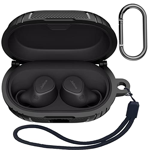 JIML Compatible with Jabra Elite 7 Pro/Elite 7 Active Case TPU Military Shell Protective Cover Skin Shock-Absorbing with Keychain and Lanyard (Black)
