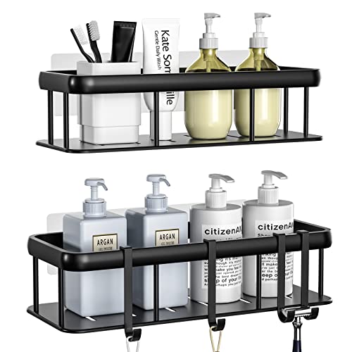 Midphorn 2-Pack Adhesive Shower Caddy, No Drilling Shower Shelf with Hooks Rustproof Wall Mounted Shower Organizer for Inside Shower Bathroom Storage Shampoo Holder, Matte Black