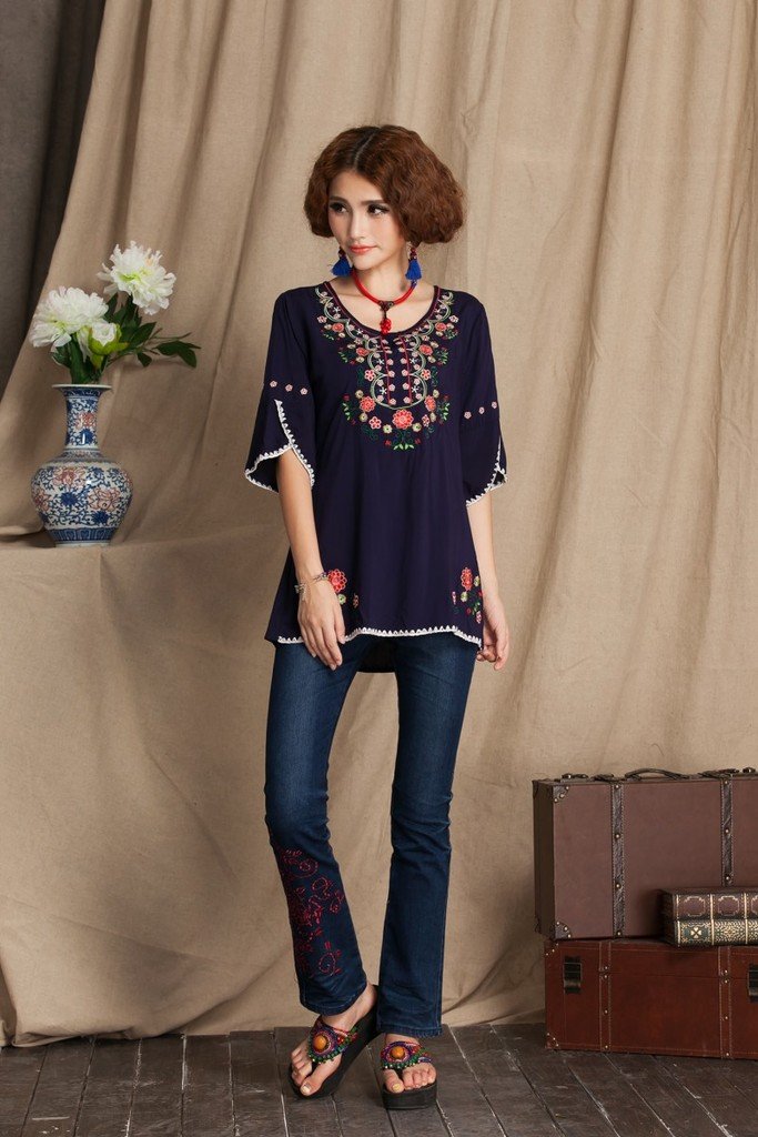 Ashir Aley Bell Sleeve Womens Girls Embroidered Cotton Peasant Tops Mexican Bohemian Shirts Blouses (L,Navy Blue)