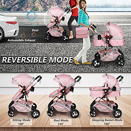 Kinder King 2 in 1 Convertible Baby Stroller, Folding High Landscape Infant Carriage, Newborn Reversible Bassinet Pram, Adjustable Canopy, Diaper Bag, Anti-Shock Toddler Pushchair Stroller, Pink