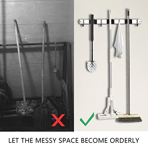Kozci 2 Pack Mop and Broom Holder Wall Mount, Anti-Slip Broom Organizer Wall Mount Self Adhesive Broom Hanger, Stainless Steel Tools Rack Mop Storage Organizer for Kitchen Garden Garage(3 Racks 4Hook)