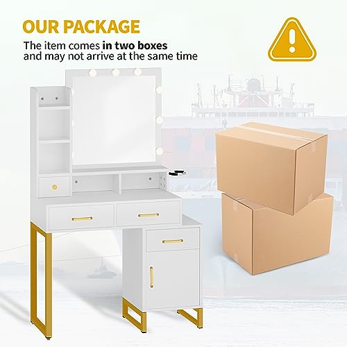DWVO 41.2inch Makeup Vanity with Mirror and Lights, Vanity with Lights and Drawers, Vanity Mirror with Lights and Table Set, 3 Color Adjustable Lighting Brightness & Power Outlet, White