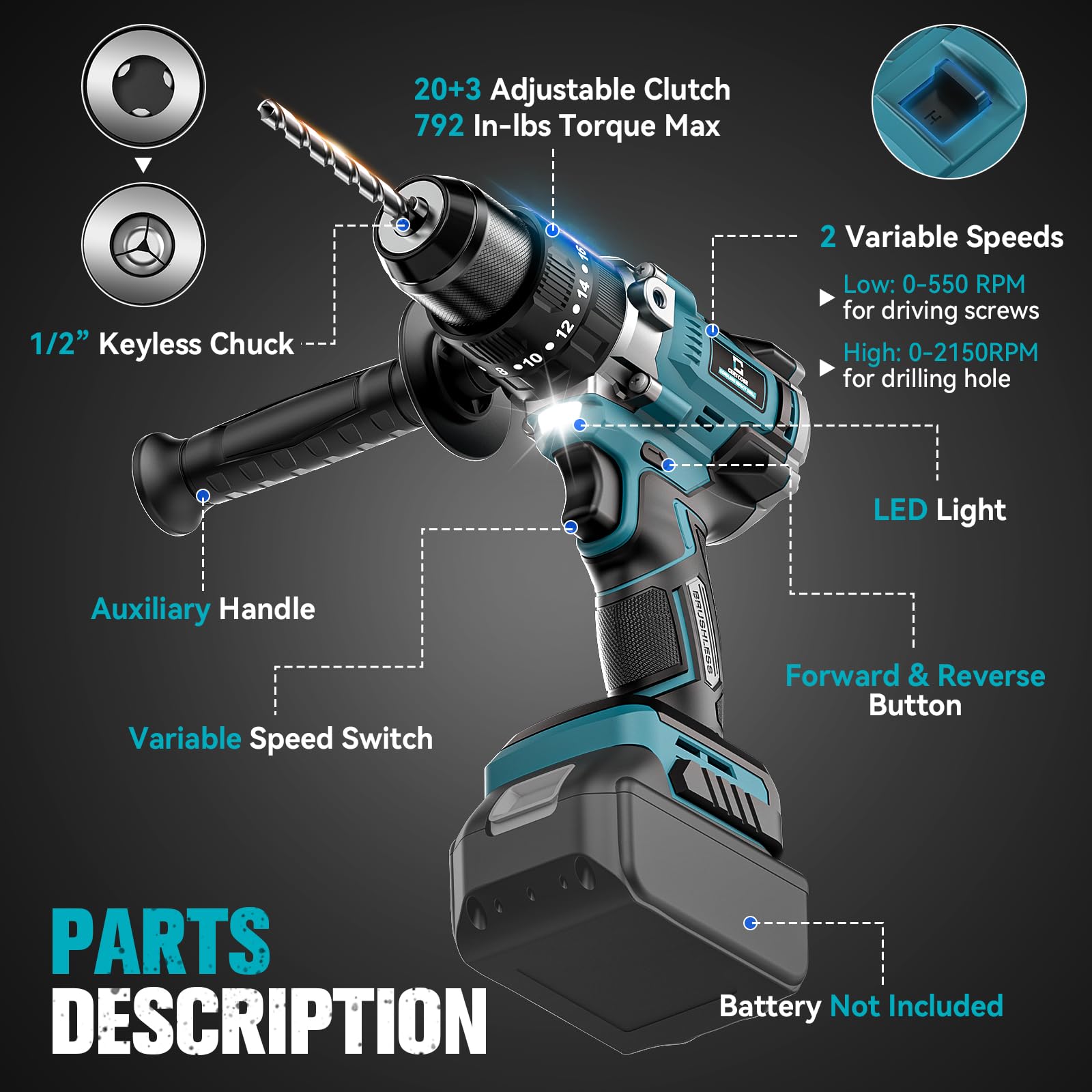 Cordless Drill Set for Makita Battery, 792inch-lbs Compact Cordless Drill/Driver Bits/Brush drill, 1/2'' Keyless Chuck Power Drill Set, Brushless-Motor, Variable Speed (Battery Not Included)