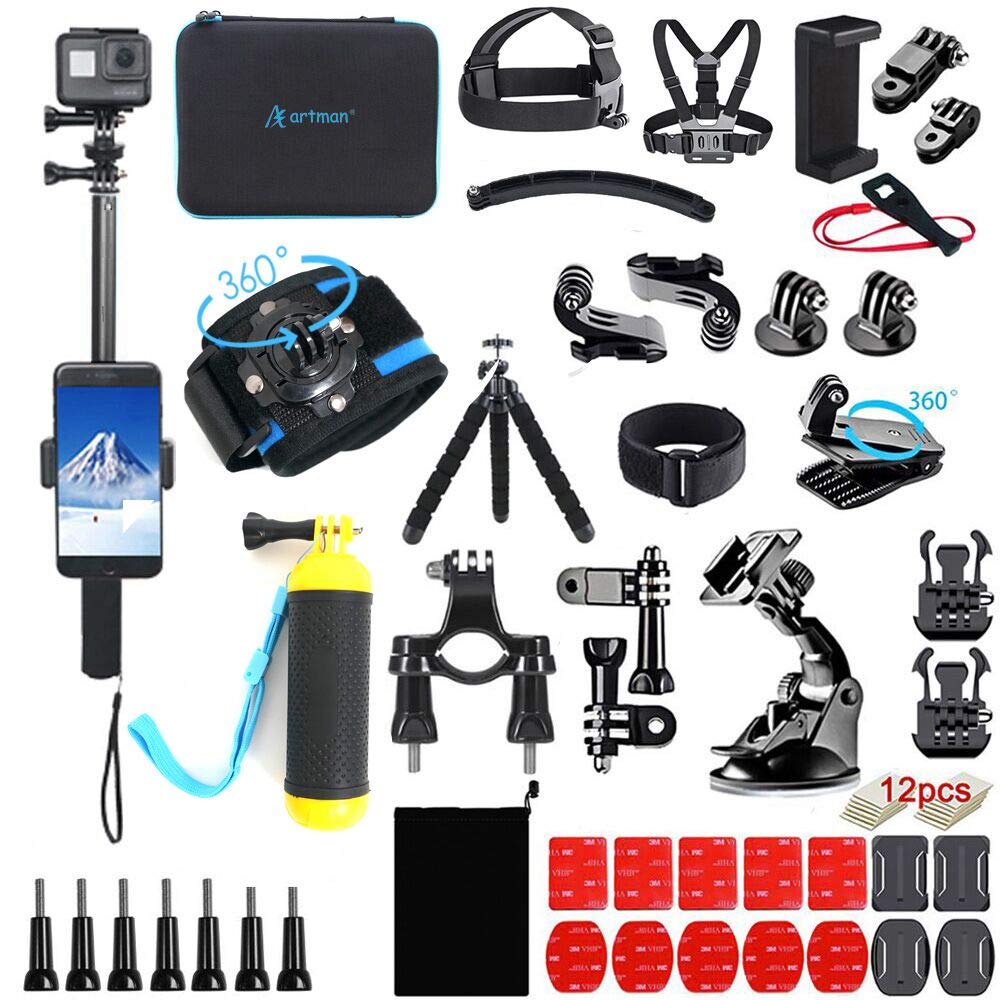 Artman Upgraded Action Camera Accessories Kit 61-in-1 for Gopro Hero 10 9 8 7 6 5 4 3 2 1 Black Max Fusion Session Silver Akaso DJI Xiaomi Yi Apeman 2018 Insta360(Black)
