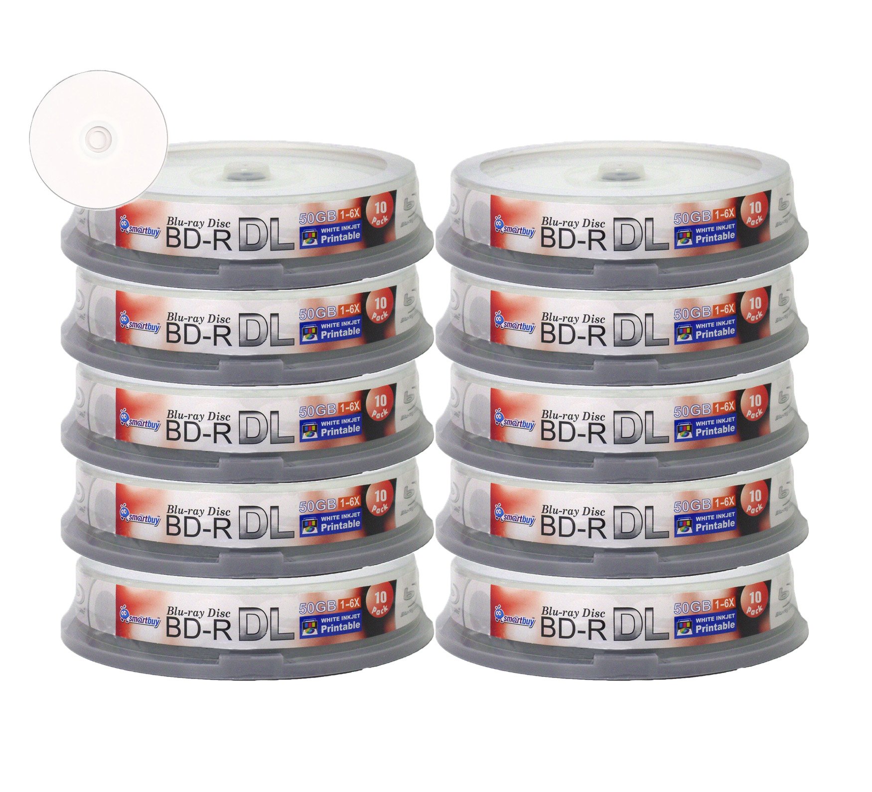 Smart Buy 100 Pack Bd-r Dl Printable White Inkjet 50gb 6X Blu-ray Double Layer Recordable Disc Blank Data Video Media 100-discs Spindle