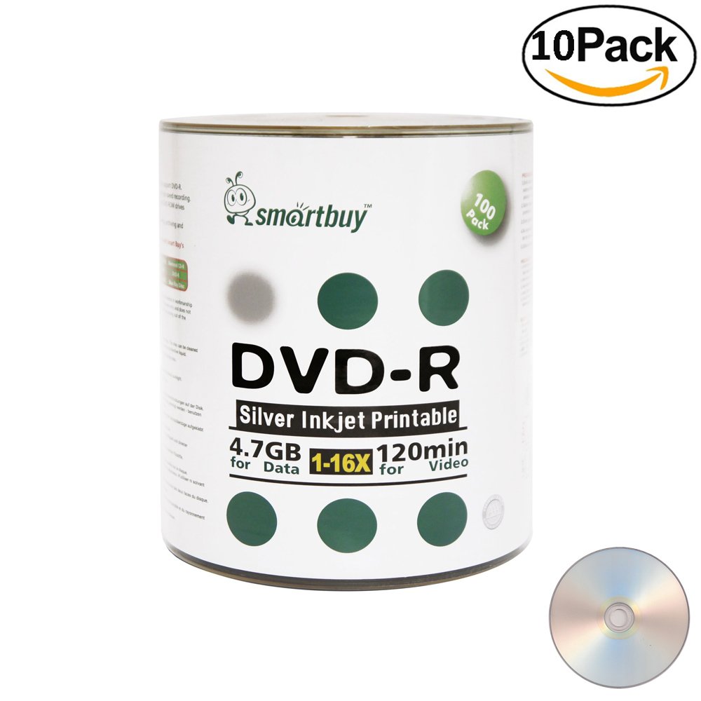 Smart Buy 1000 Pack DVD-R 4.7gb 16x Silver Printable Inkjet Blank Record Disc, 1000 Disc 1000pk