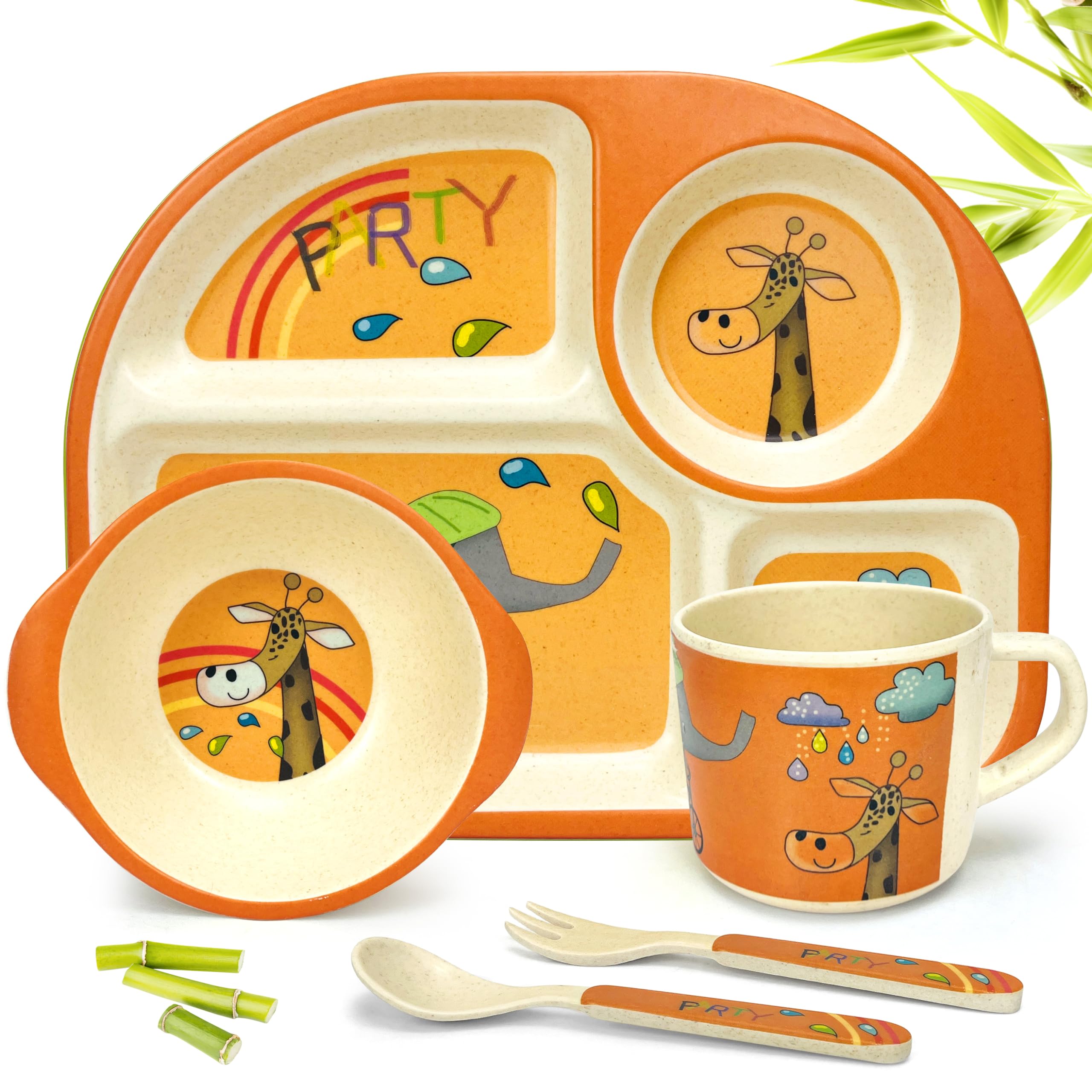 RayPard 5 Pcs Bamboo Kid Plates and Bowls Sets, Unbreakable Plastic Toddler Dinnerware Set Include Divided Plate, Bowl, Cup, Spoon, Fork, Children Durable Cartoon Tableware (Orange Elephant)