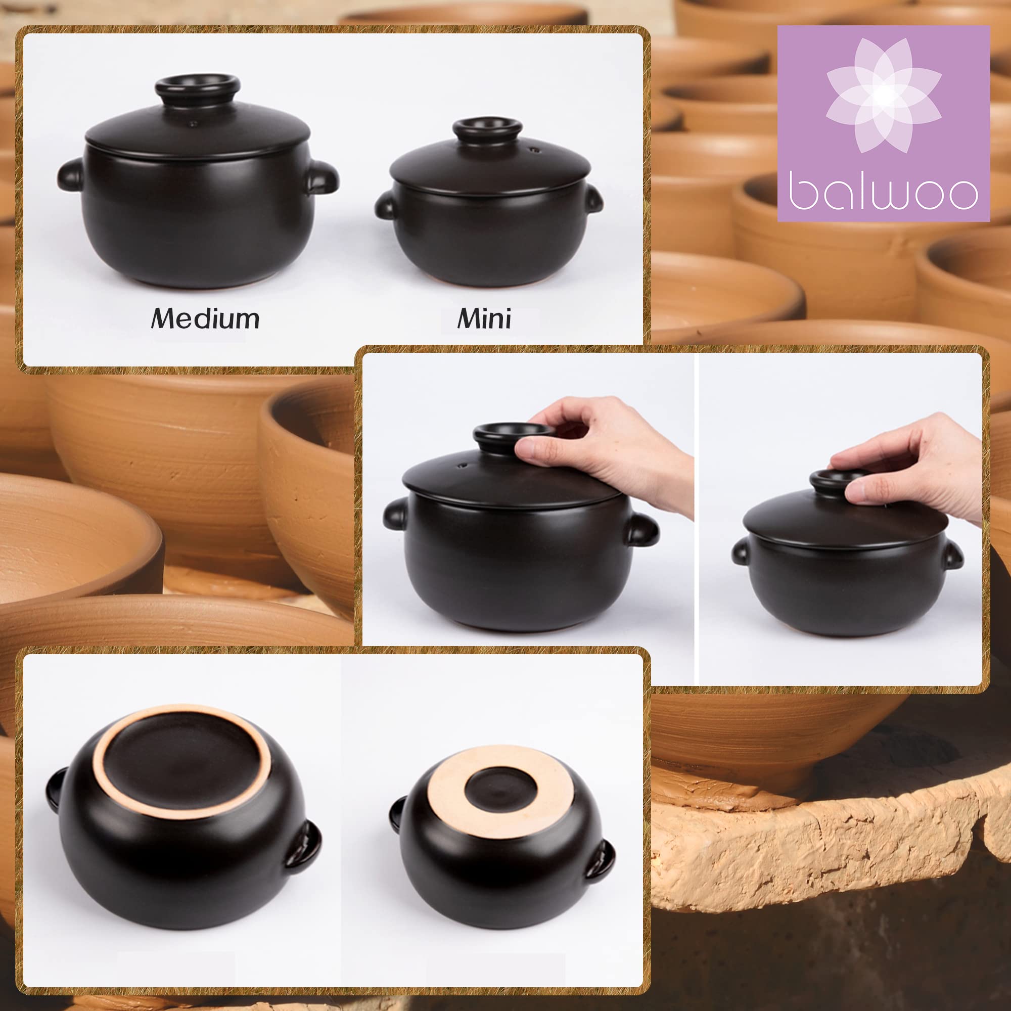 BALWOO Korean Earthenware Pot Ttukbaegi, Ceramic Clay Cooking Pot Petalite Casserole, Heat Resistant Ceramic Pot, Zero-Crack Stone Bowl Stockpot Soup Cookware (Medium)
