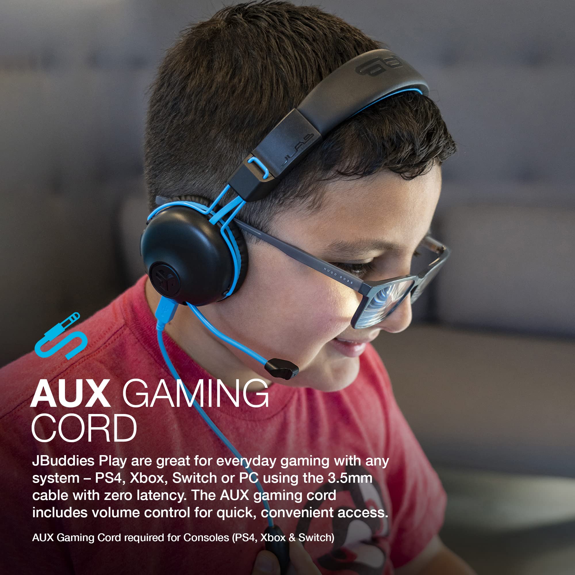 JLab JBuddies Play Gaming Wireless Kids Headset, Black, 22+ Hour Bluetooth 5 Playtime 60ms Super-Low Latency for Mobile Gameplay, Retractable Boom Mic, AUX Cord Compatible w/Gaming Consoles