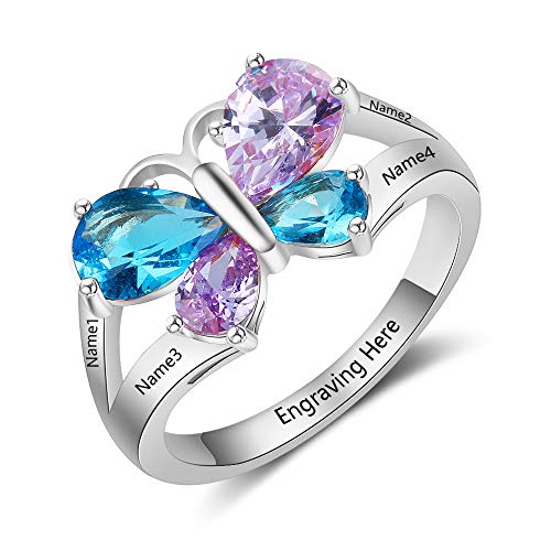 Ashleymade Personalized Engraved Name Rings for Mothers Day Rings with 4 Simulated Birthstones Promise Butterfly Ring for Women (Silver, 7)