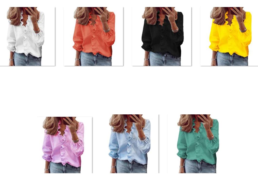 Andongnywell Casual Solid Color Ruffle Collar Long Sleeve Ruffle Shirt Blouse V Neck Short Sleeve Shirt Top White
