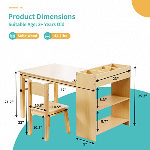 Kids Art Table, Wooden Kids Craft Table for Playroom, Kids Activity Table with 2 Chairs, 4 Storage Baskets, 2 Rows of Storage Racks and Paper Rolls (Wood)