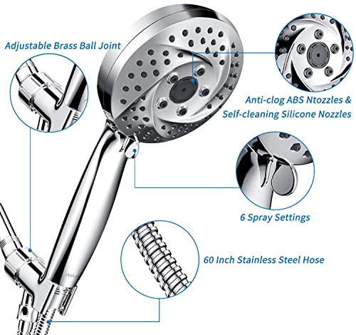 Atthomie Modern Shower Head with 6 Spray Settings, Anti-Clog Detachable & Removable, 60 Inch Stainless Steel Hose, Adjustable Brass Joint, Tool-Free Installation