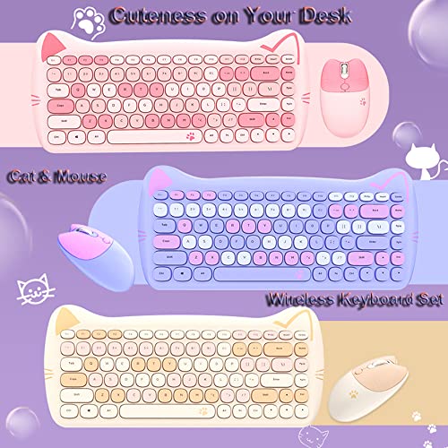 Attoe Wireless Mouse and Keyboard, Cute Cat Keyboard Mouse Combo for Girl Gift,2.4G Cordless Computer Mice with USB Receiver for Laptop PC MAC (Cherry Blossom Pink)…