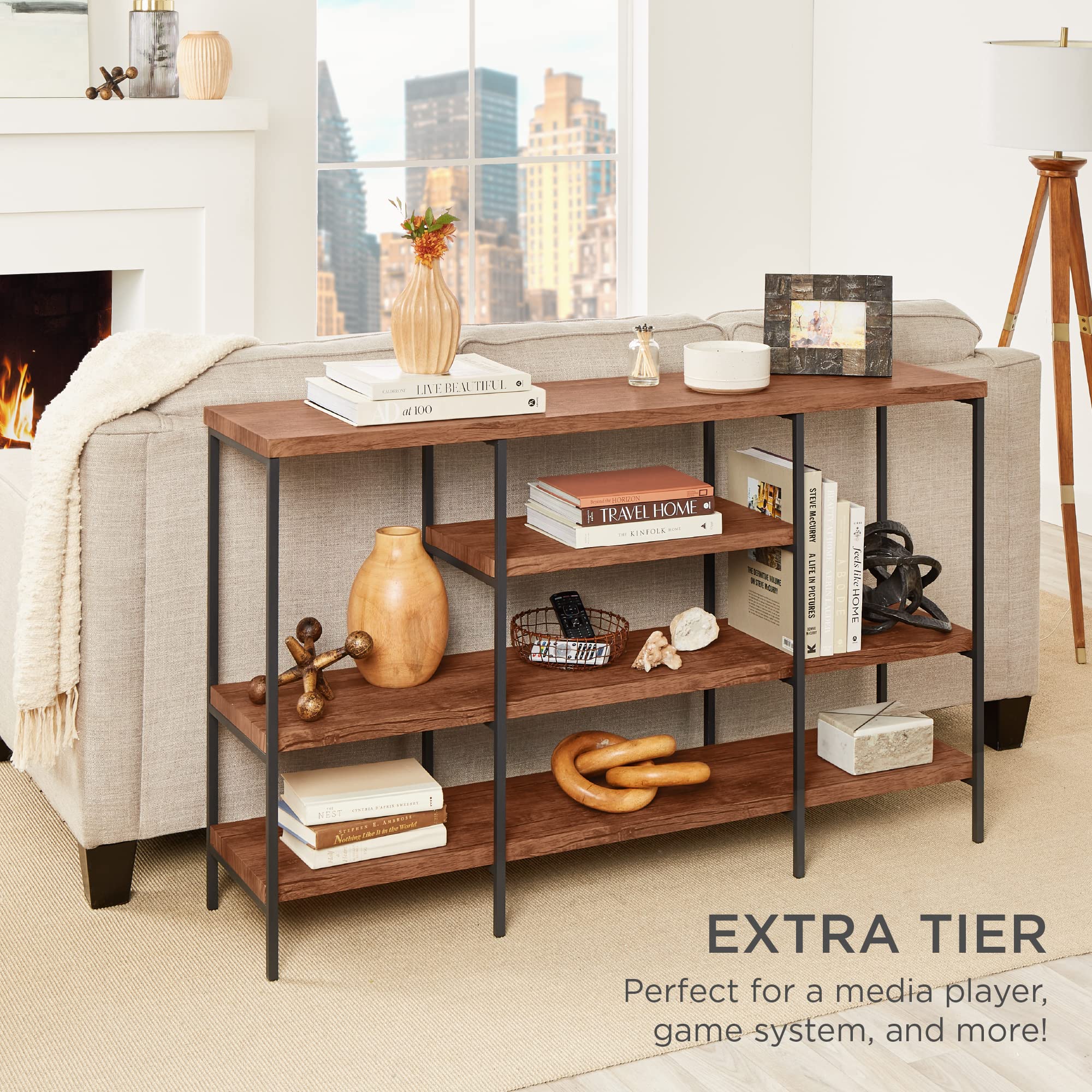 Best Choice Products Large Console Table, 4-Tier 55in Rustic, Industrial Sofa Table Storage for Living Room, Entryway, Foyer, Hallway w/EVA Non-Scratch Feet, Steel Frame - Dark Walnut