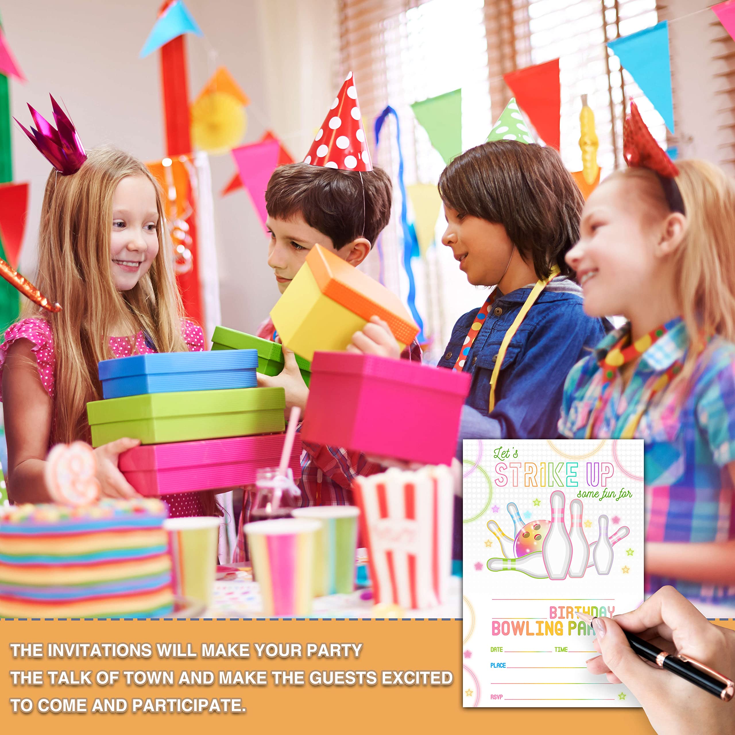 Chuxvon Bowling Birthday Party Invitations, Strike Up Birthday Invitation, Double-Sided Neon Glow Themed Fill In Invites, Kids Glow Bowling Birthday Party Decorations, 20 Cards With 20 Envelopes(C07)