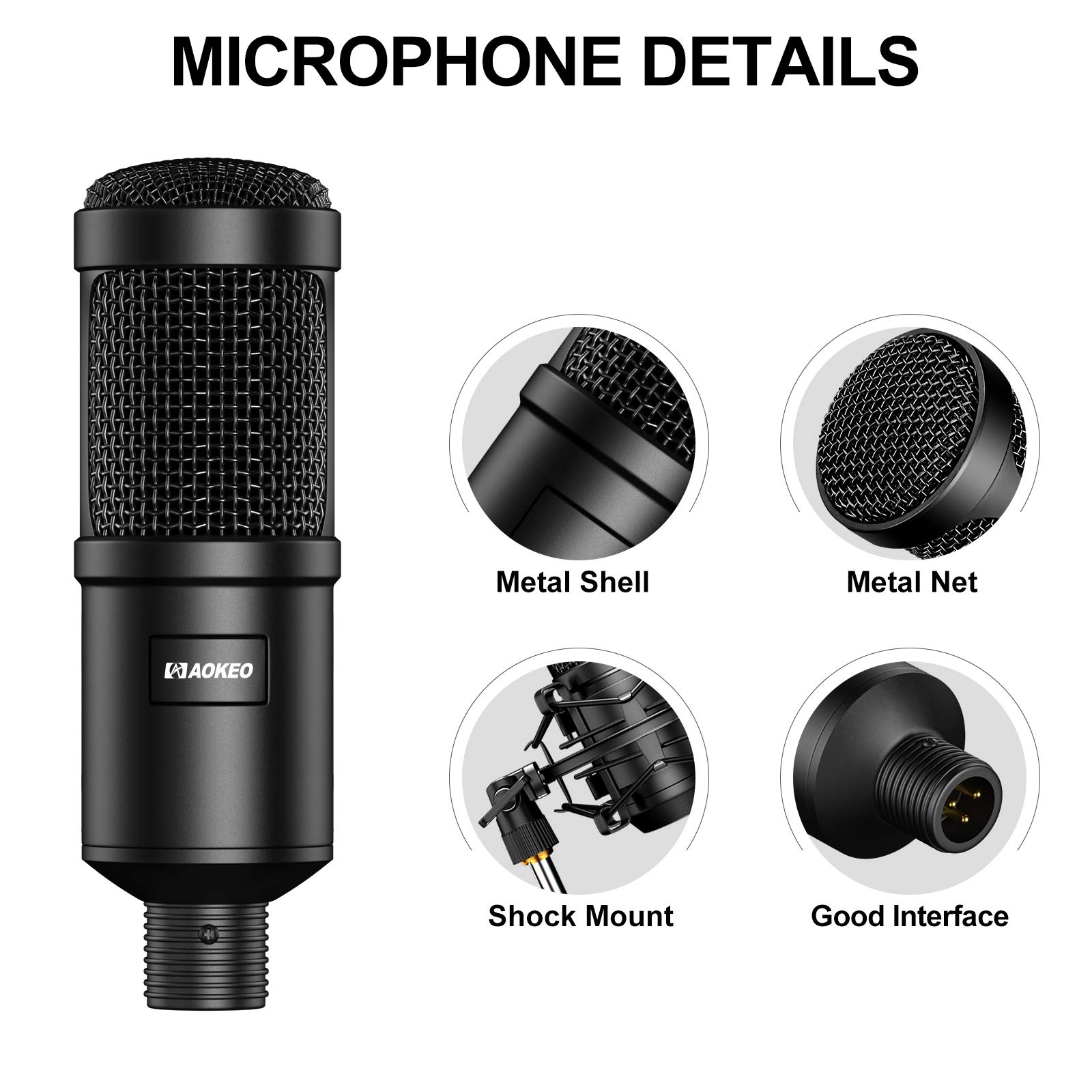 Aokeo AK-60 Professional Condenser Microphone, Music Studio MIC Podcast Recording Microphone Kit with Stand Shock Mount for PC Laptop Computer Broadcasting YouTube Vlogging Skype Chatting Gaming