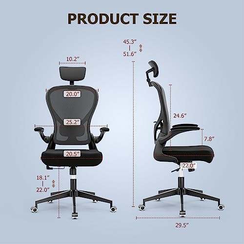 Frylr Ergonomic Home Office Desk Chair with Flip-up Arms and Headrest - Perfect for Big and Tall Users/Adjustable Lumbar Support/450 lbs Heavy Duty Office Chair(Black)