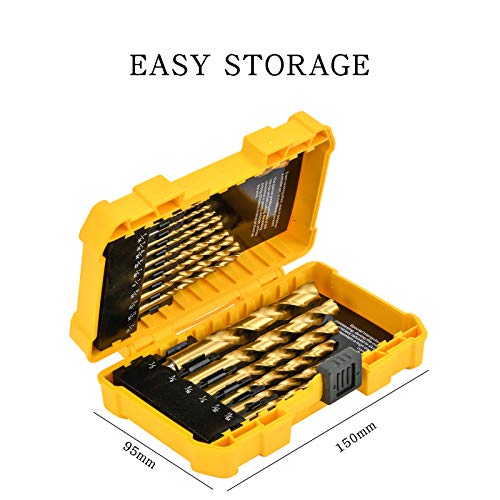 HUAZHICHUN Titanium Twist Drill Bit Set - 16 Pcs Hex Shank High Speed Steel for Wood Plastic Aluminum Alloy, Quick Change, 1/16"-1/2" ,with Indexed Storage Case