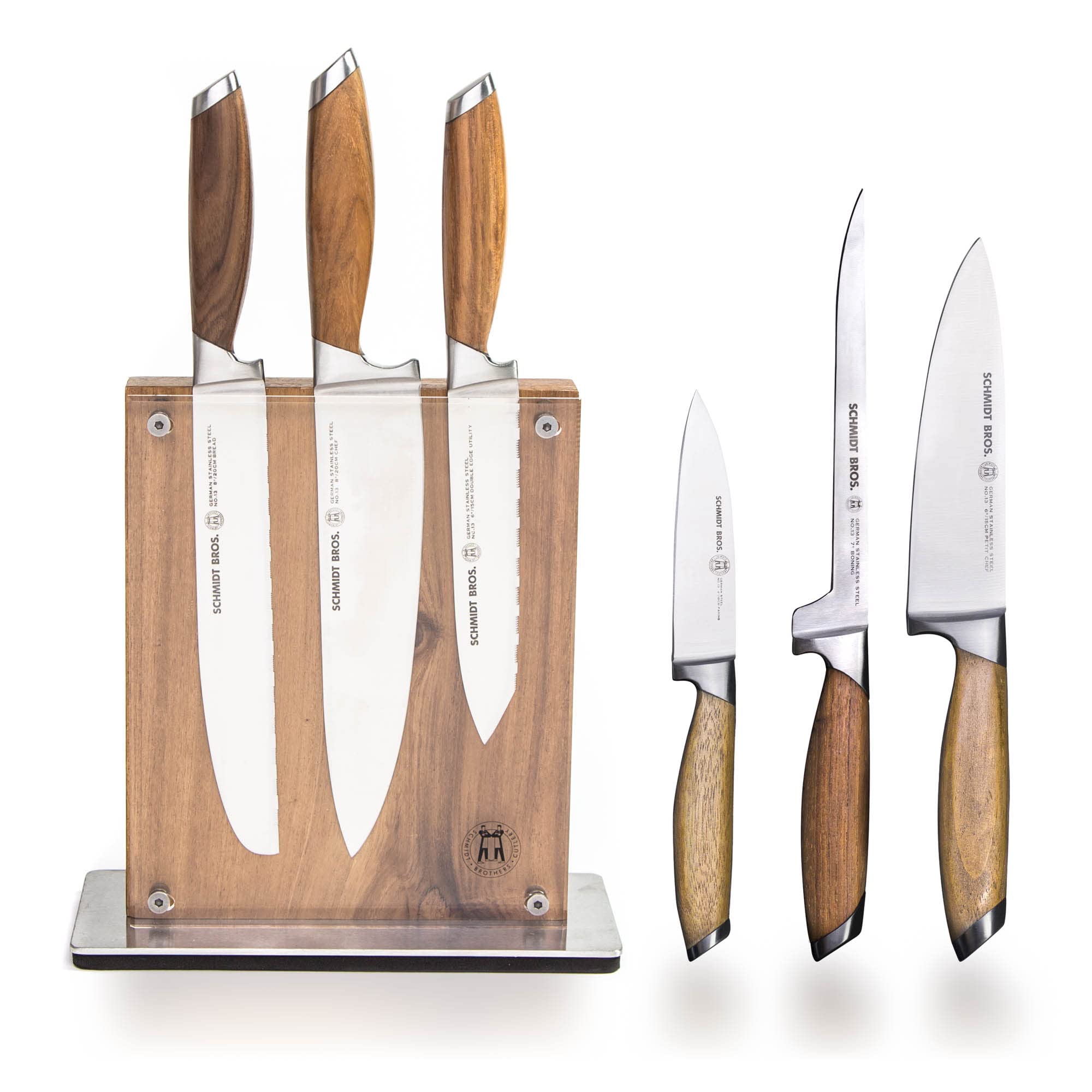 Schmidt Brothers - Bonded Teak, 7-Piece Knife Set, High-Carbon Stainless Steel Cutlery with Midtown Acacia and Acrylic Magnetic Knife Block