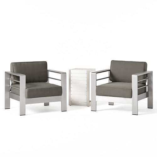 Christopher Knight Home Cape Coral Outdoor Aluminum Club Chairs with Side Table, Khaki / Silver